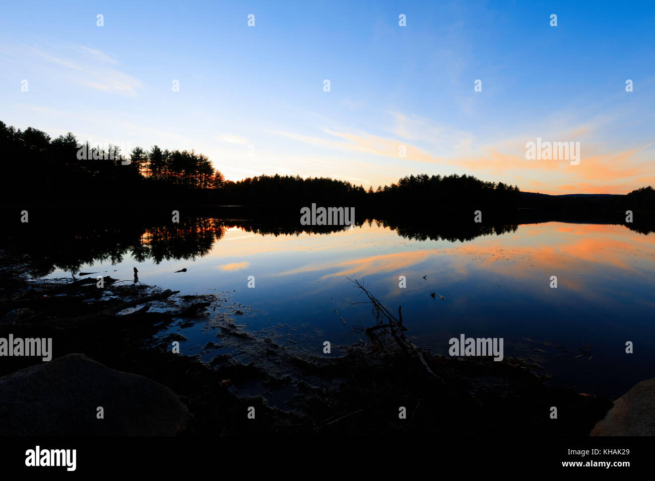 Sunset on a forest lake Stock Photo - Alamy