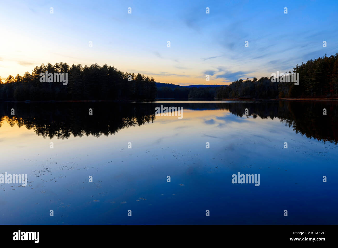 Sunset on a forest lake Stock Photo - Alamy