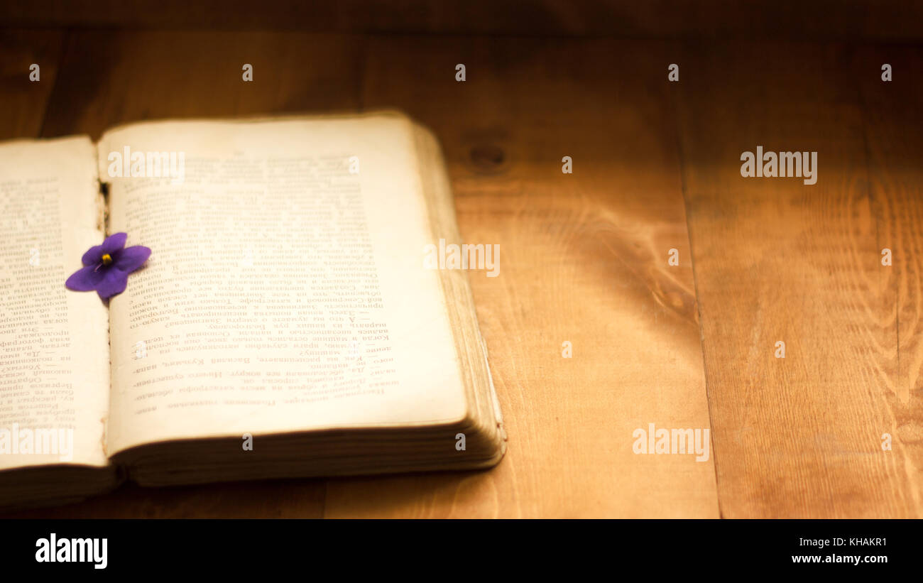 Flower on open pld book on wooden background Stock Photo - Alamy