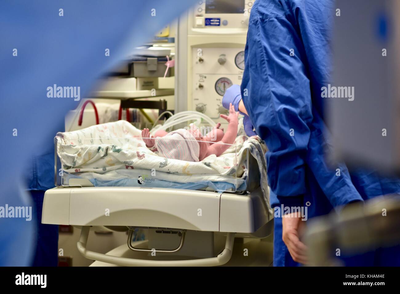Newborn baby being checked out by the medical staff immediately after ...
