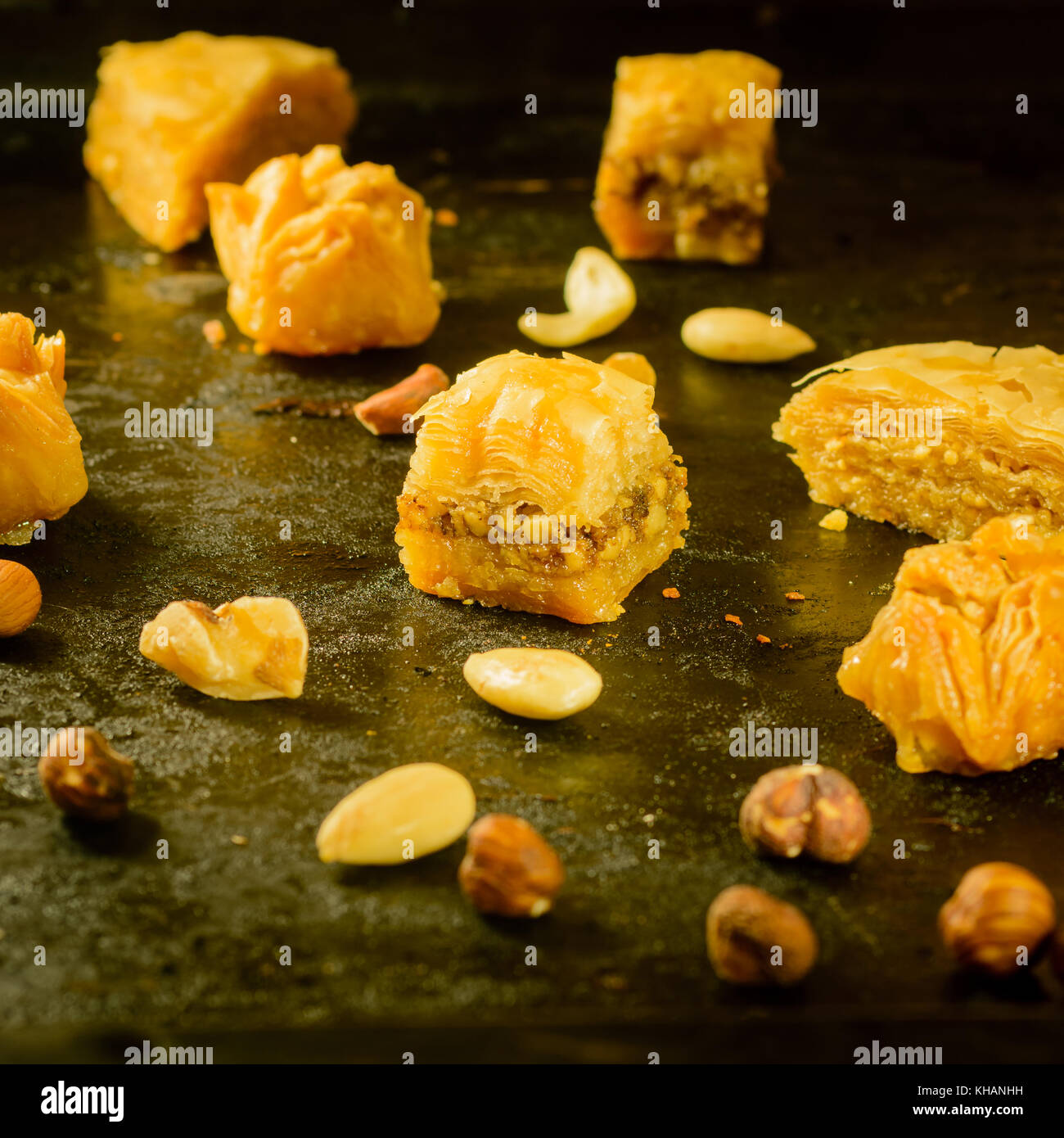 Sweet turkish and arabian Baklava with honey and almond on tablet Stock ...