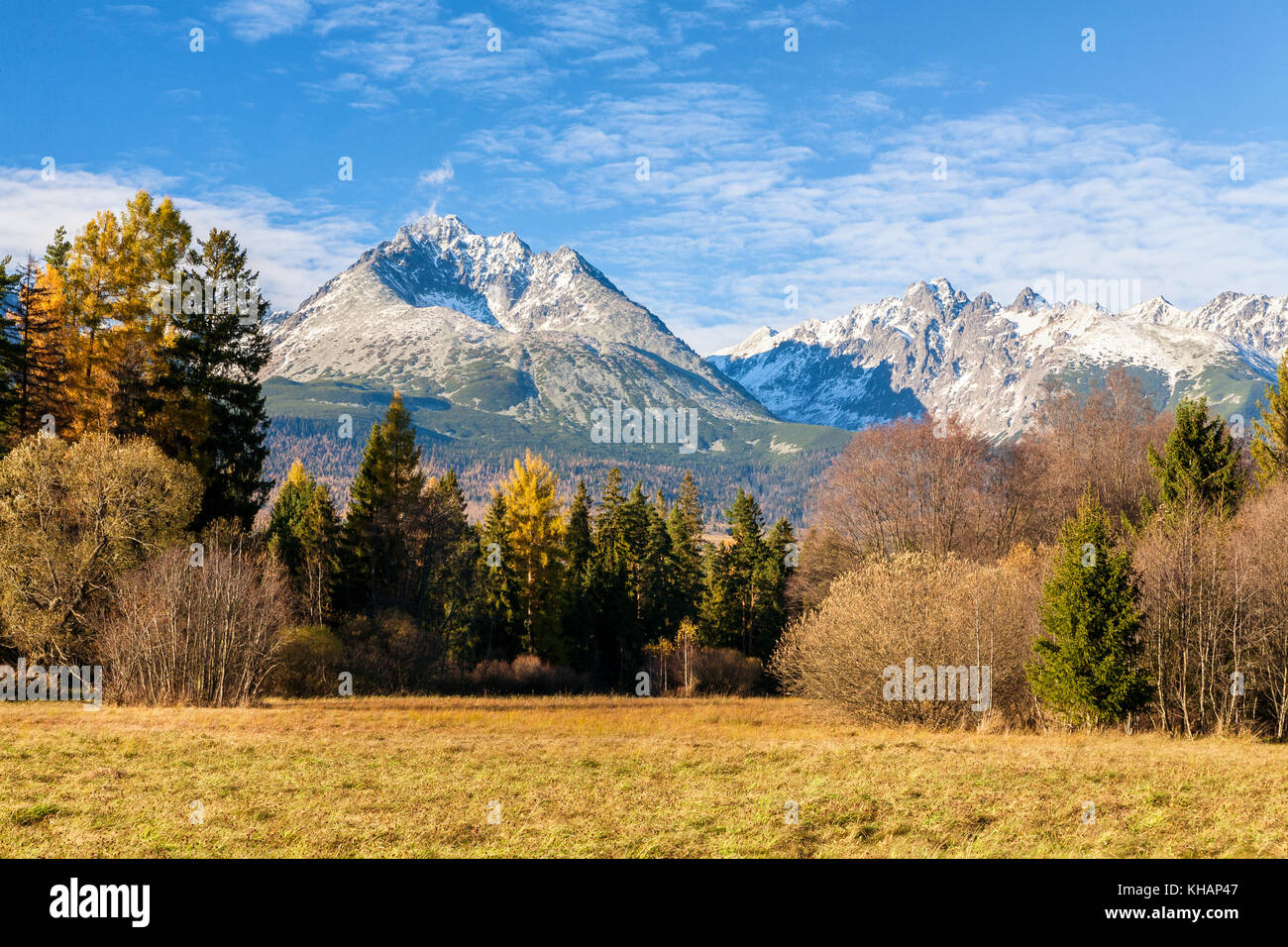 High Tatras mountains covered with little snow in contrast with colors ...