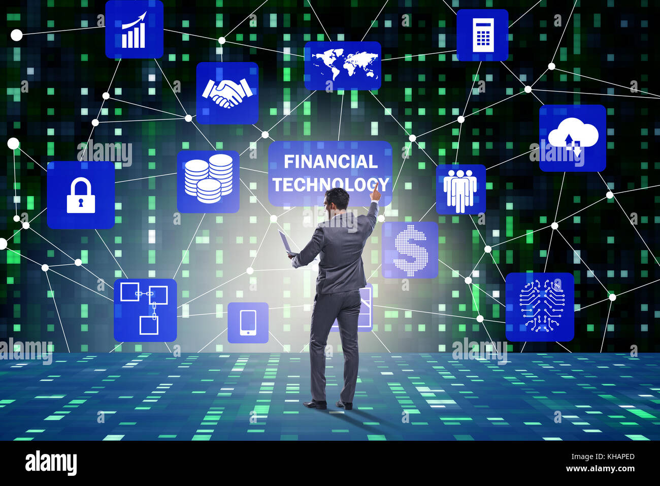 Businessman pressing buttons in fintech concept Stock Photo - Alamy