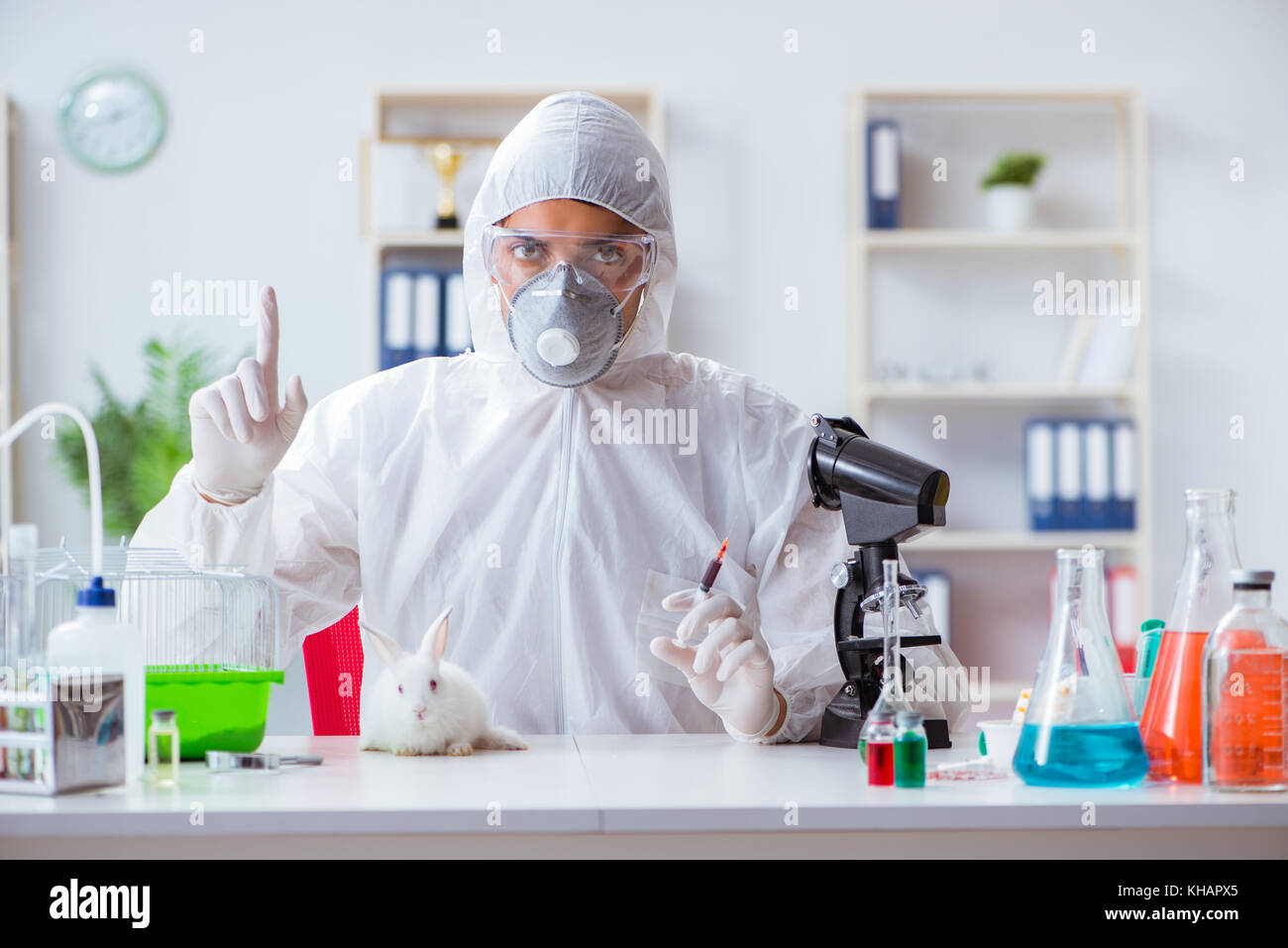 Scientist doing animal experiment in lab with rabbit Stock Photo - Alamy