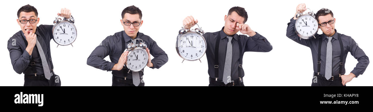 Funny businessman with clock isolated on white Stock Photo - Alamy
