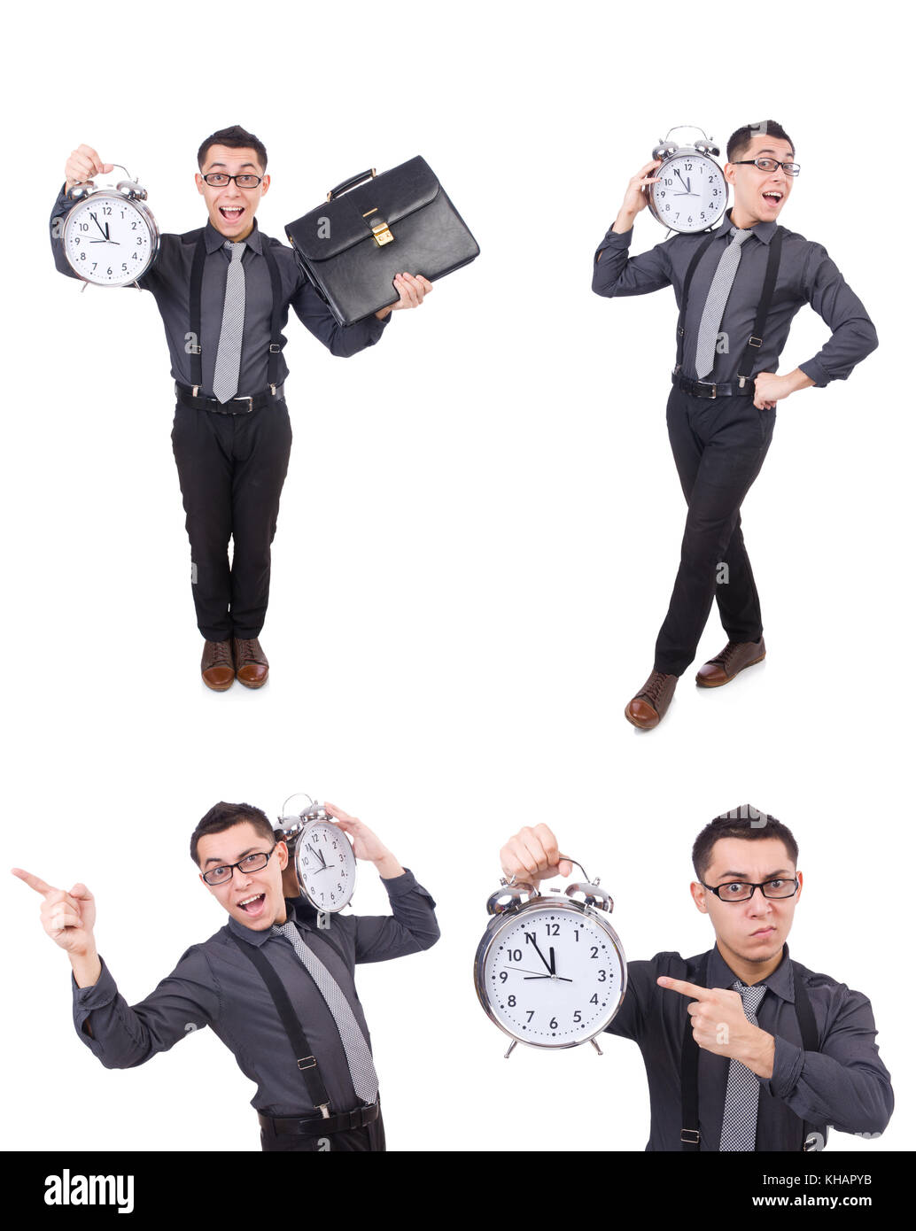 Funny businessman with clock isolated on white Stock Photo - Alamy