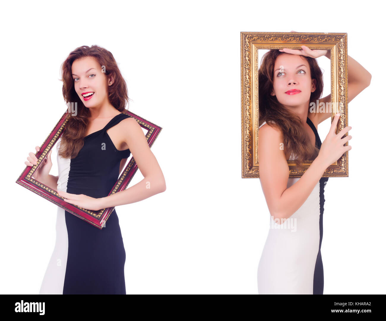Woman with picture frame on white Stock Photo - Alamy