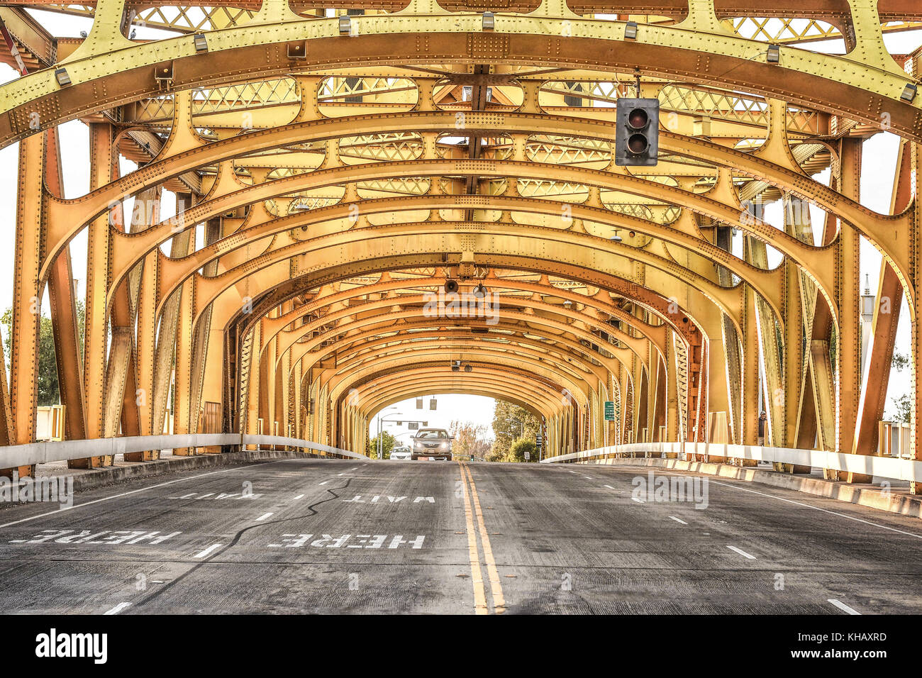 The golden Tower bridge in downtown Sacramento. This drawbridge ...