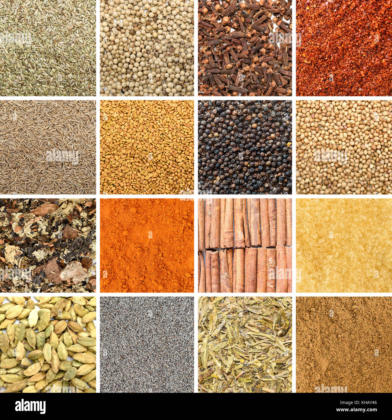 Collage of different herbs and spices background Stock Photo - Alamy
