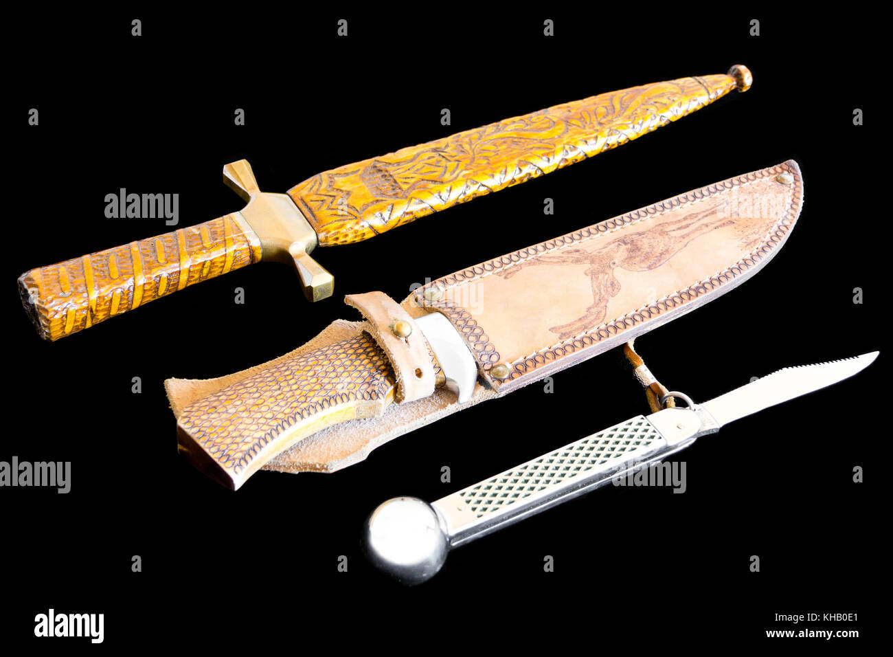 Photo of cold weapon on black background Stock Photo - Alamy