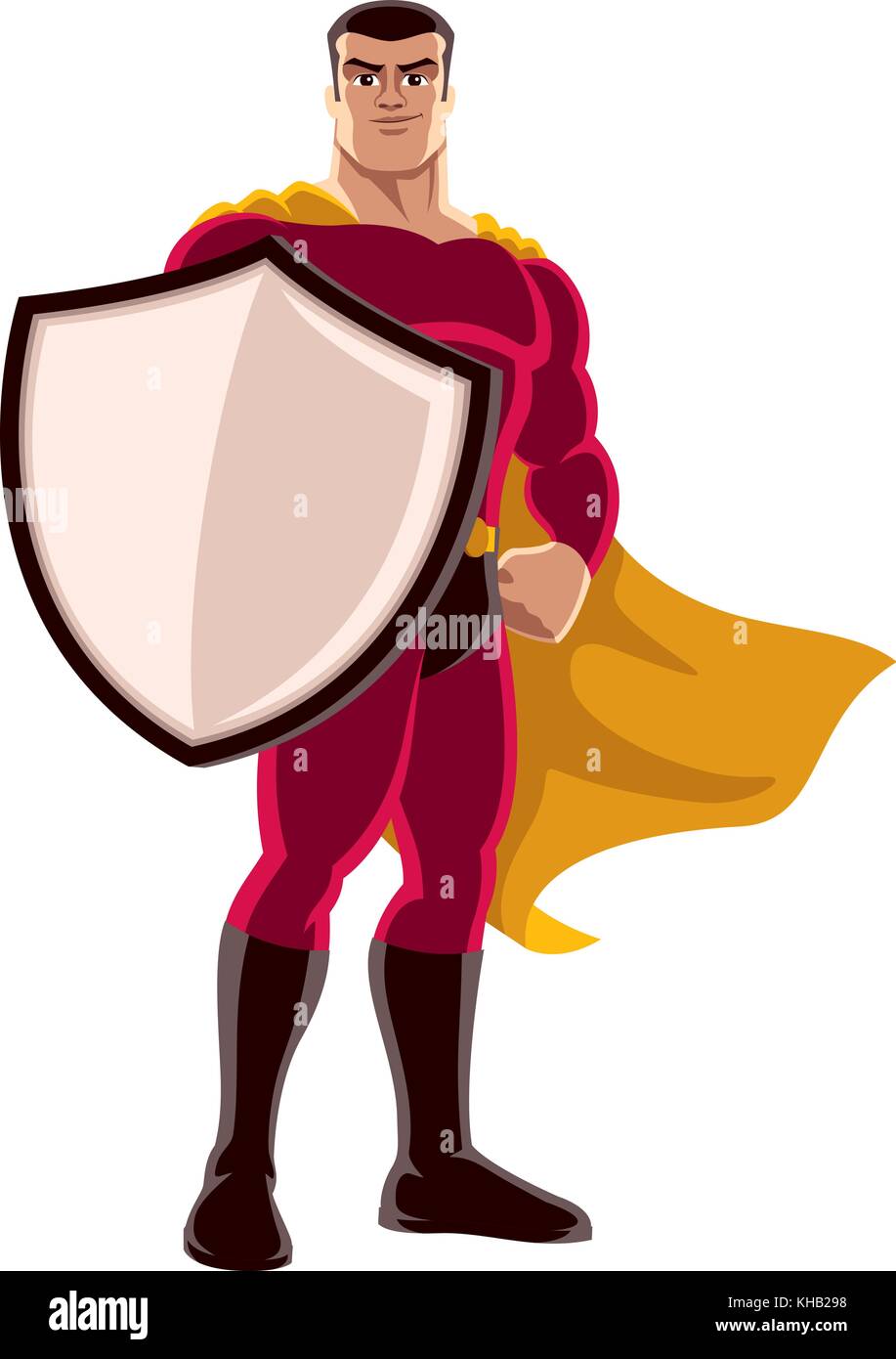 Illustration of superhero holding big shield on white background Stock ...