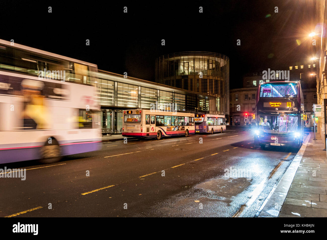 Bath bus station at night, night buses pass by. Somerset UK Stock Photo ...