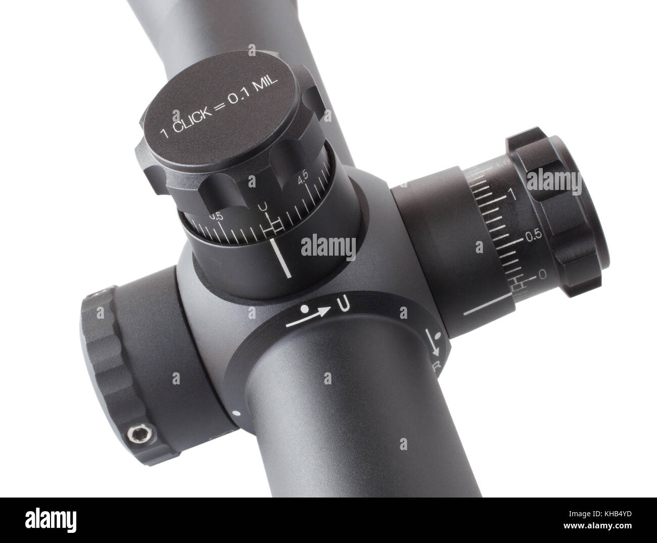 Turrets on a rifle scope that are tall isolated on white Stock Photo ...