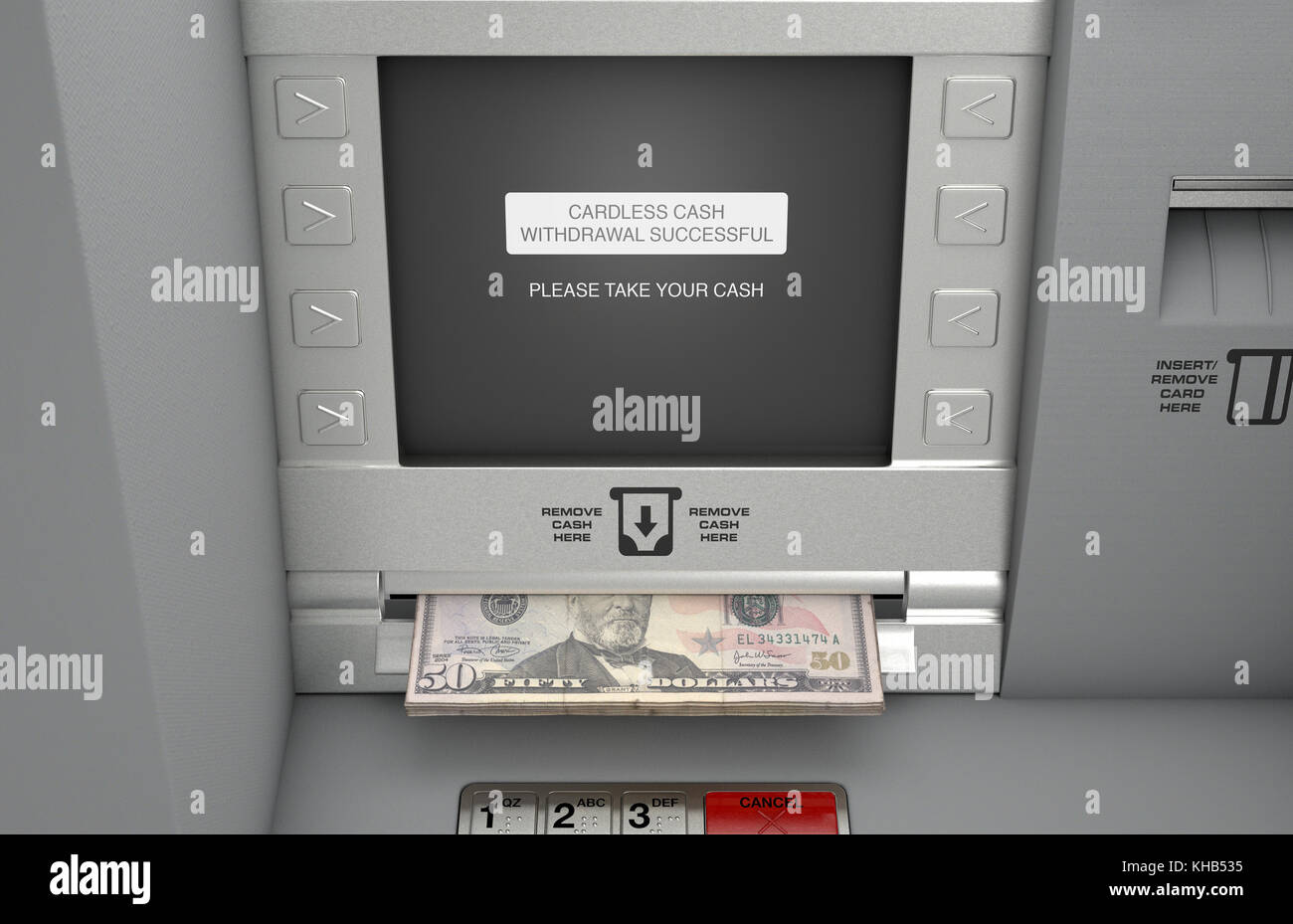 A generic atm facade where the screen indicates that a cardless cash ...