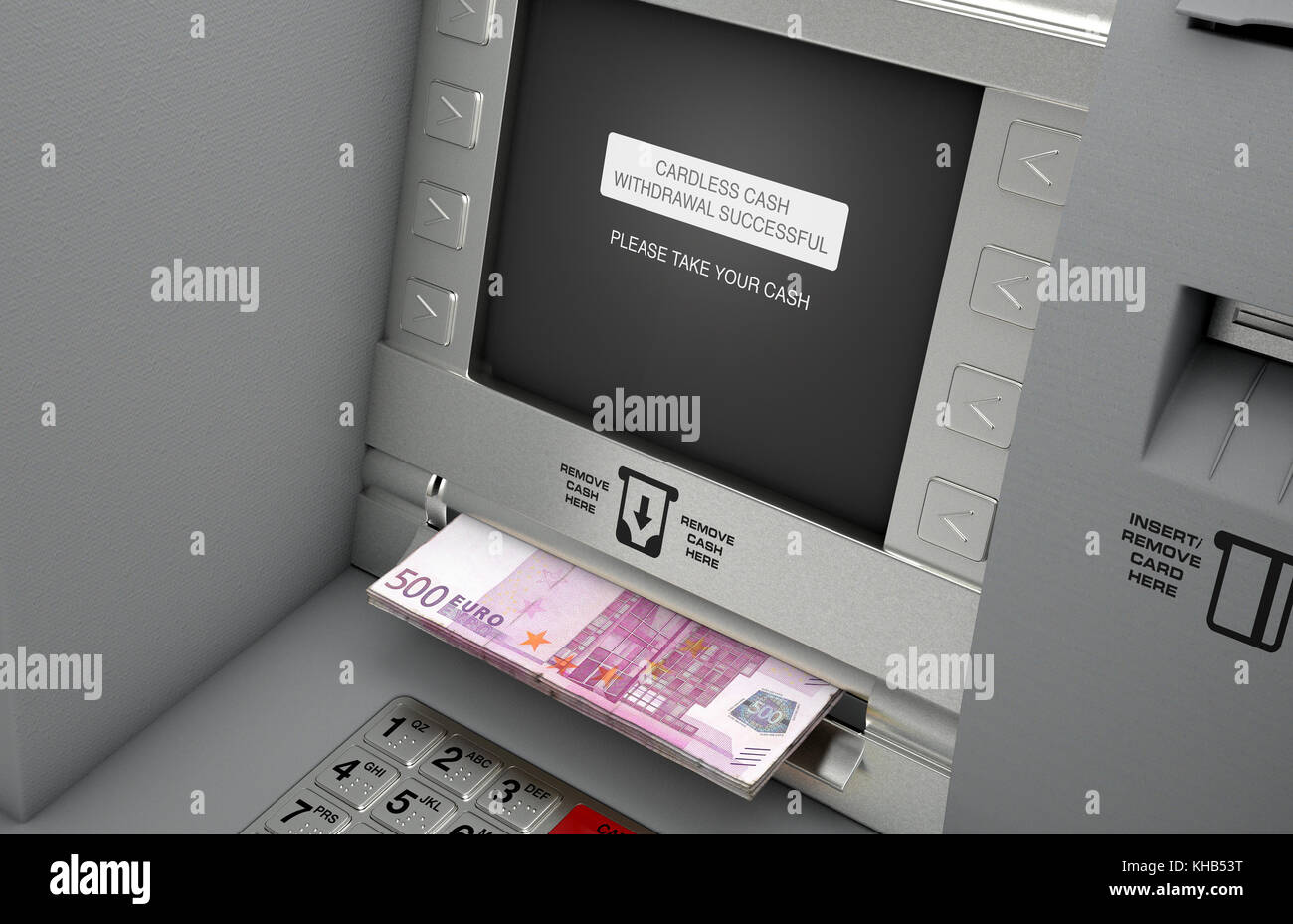 A generic atm facade where the screen indicates that a cardless cash ...