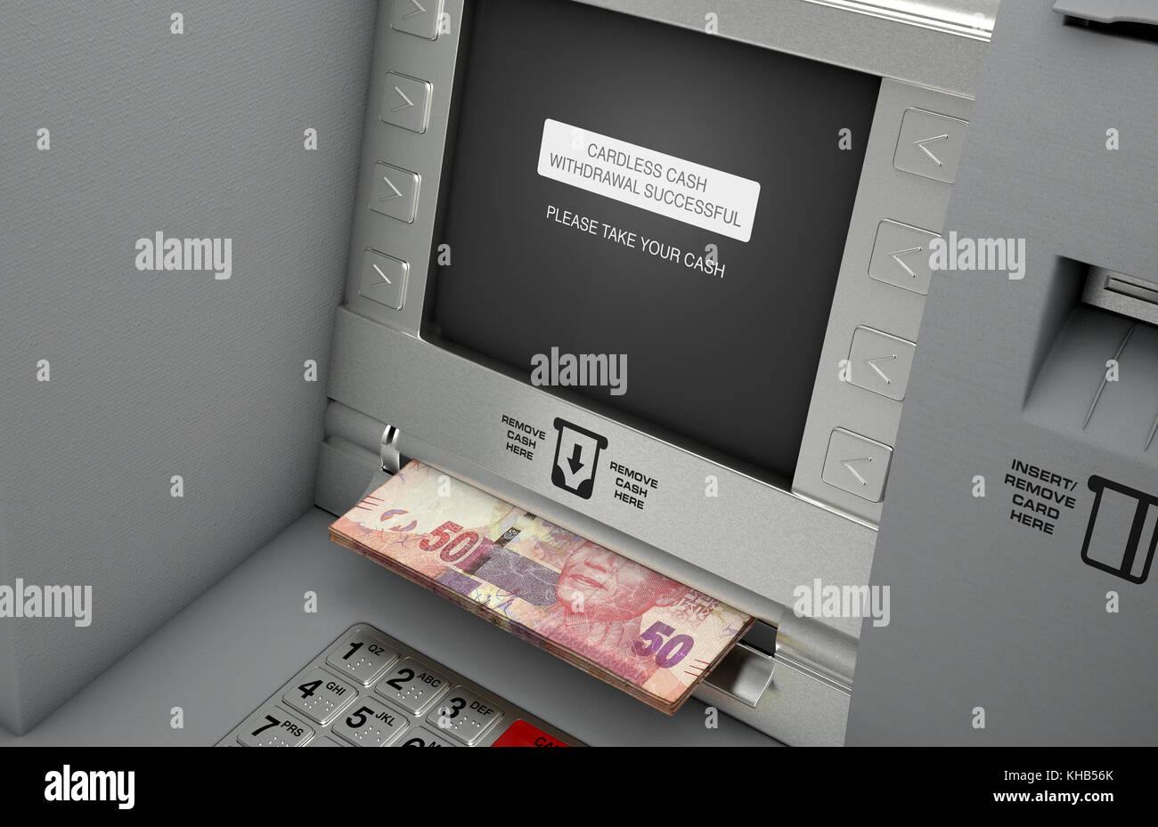 A generic atm facade where the screen indicates that a cardless cash ...