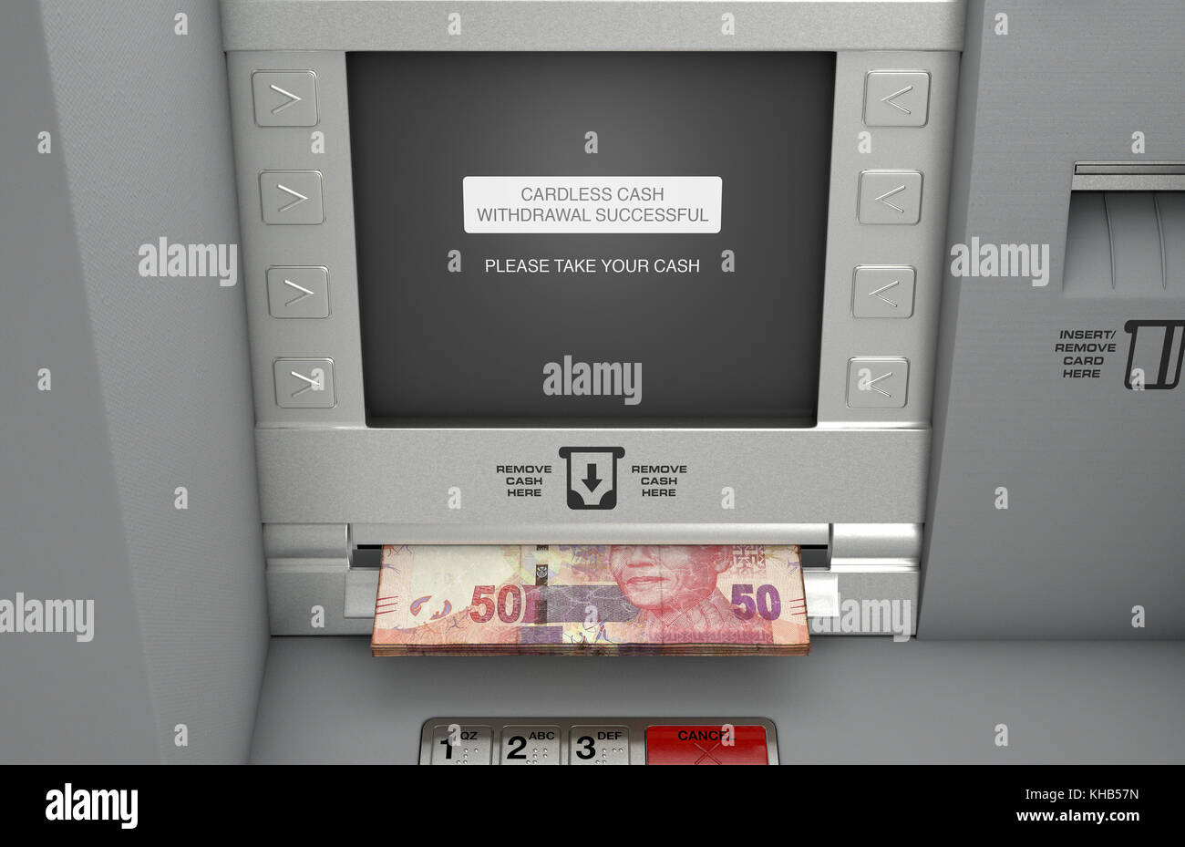 A generic atm facade where the screen indicates that a cardless cash ...