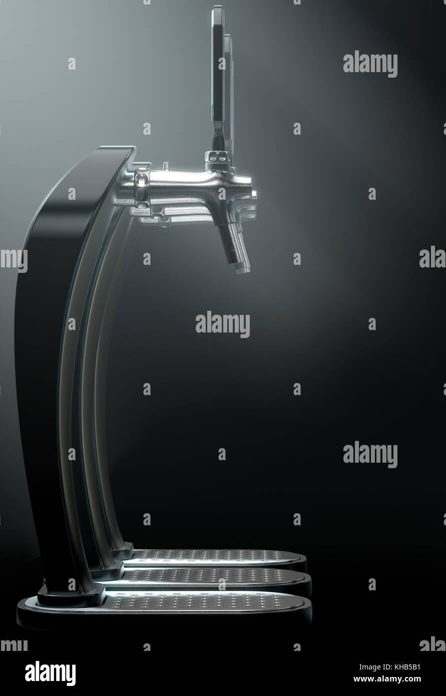 A row of slick modern black and chrome draught beer taps on an isolated ...