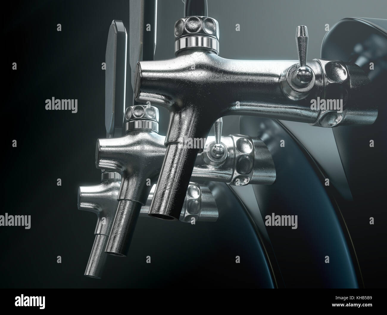 A row of slick modern black and chrome draught beer taps on an isolated ...