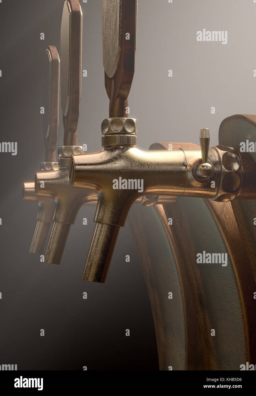 A row of wood and brass draught beer taps on an isolated dark moody ...
