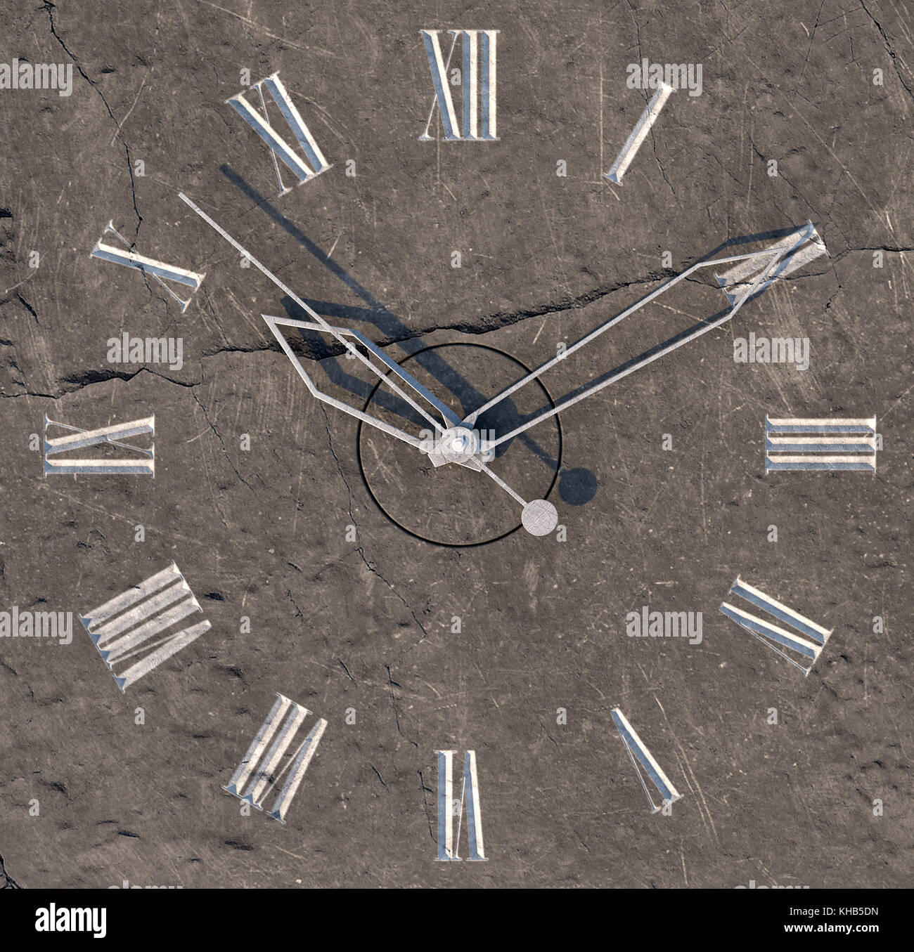 An old stone clock with etched roman numerals standing an a monolithic ...