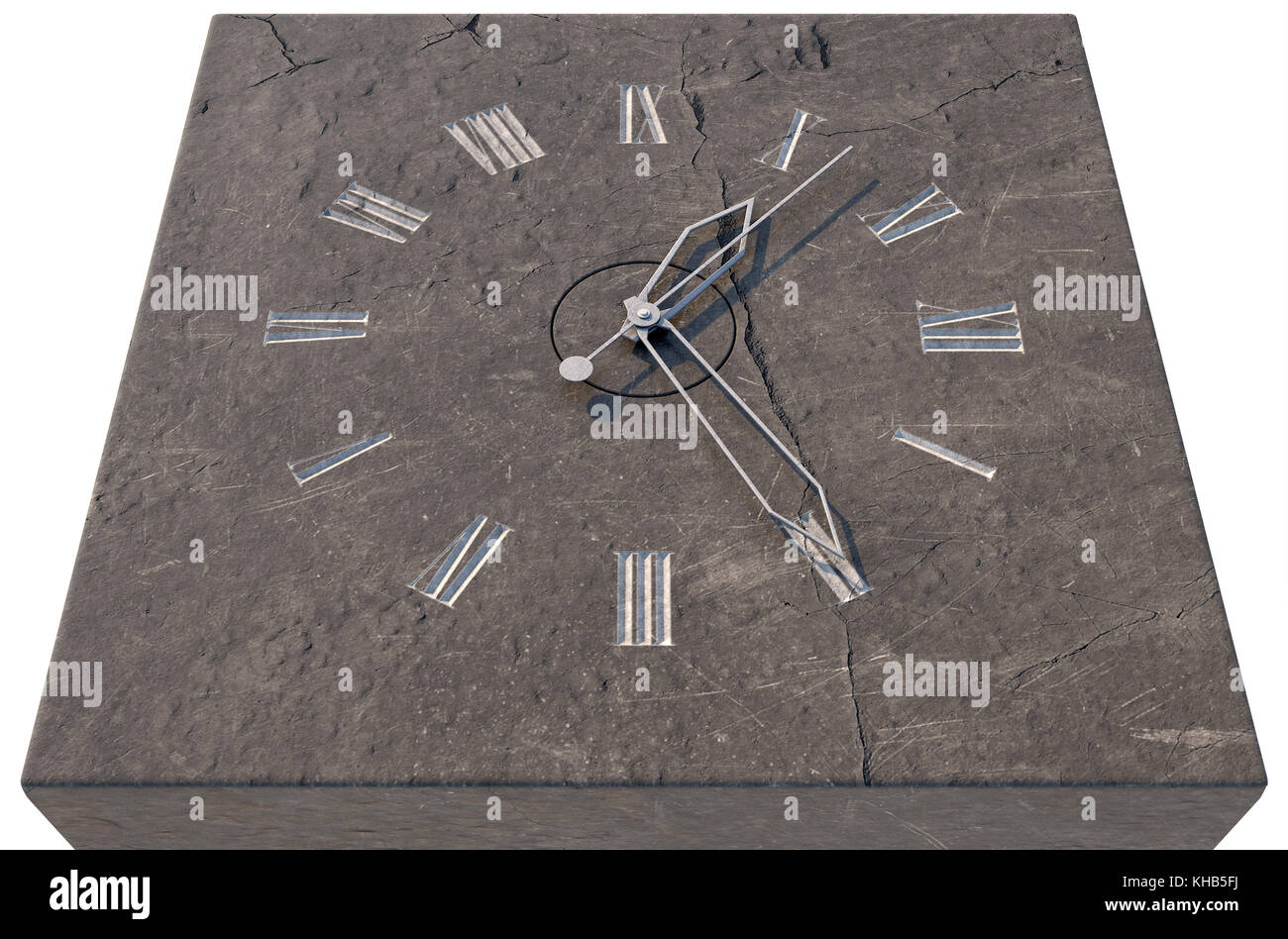 An old stone clock with etched roman numerals standing an a monolithic ...