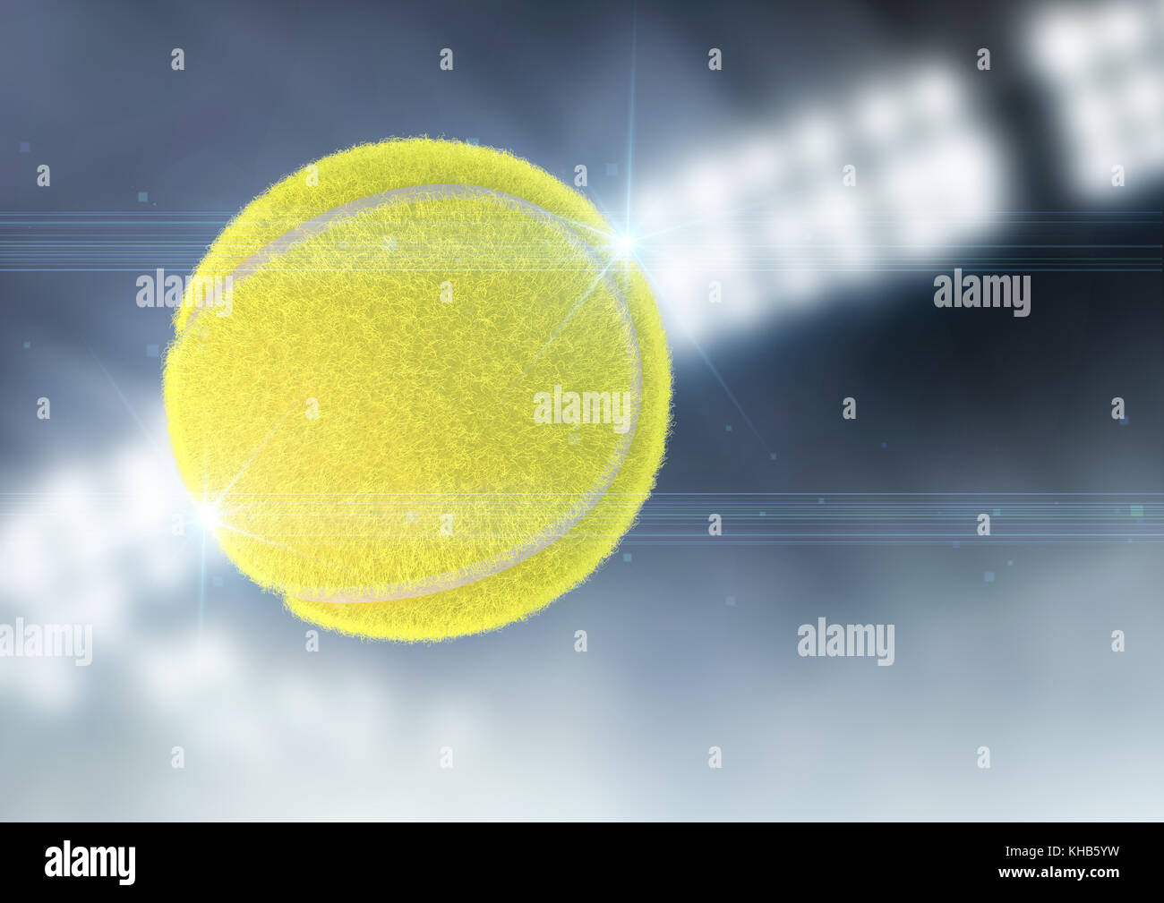 A tennis ball caught in slow motion flying through the air on a night ...