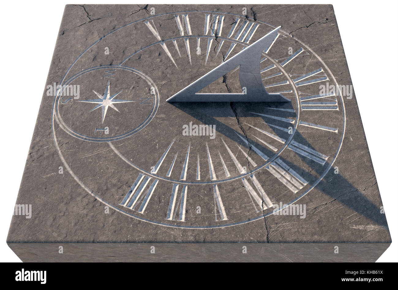 An old stone sundial with etched roman numerals standing an a ...