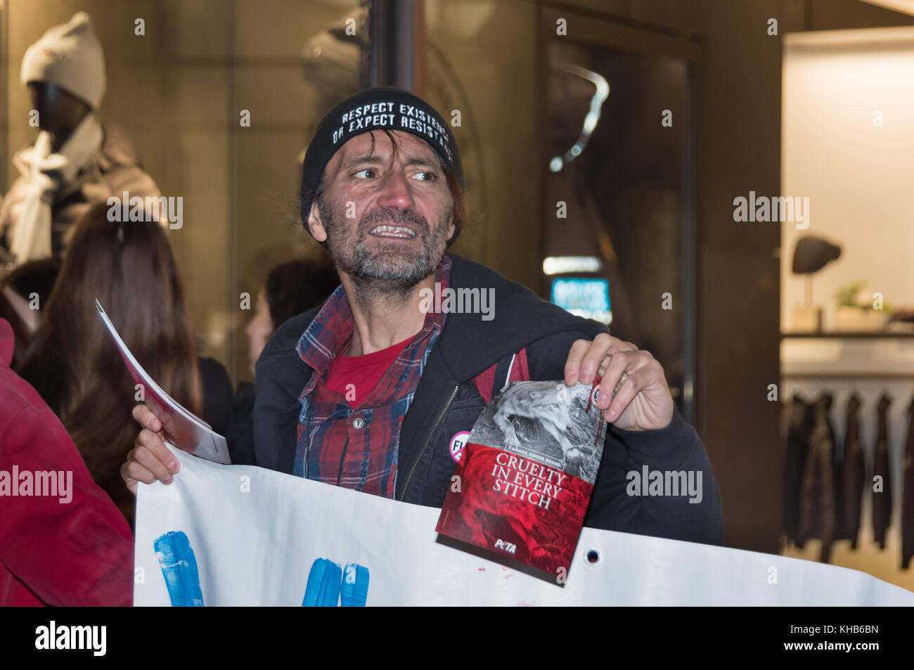 London, UK. 14th November 2017. A man wearing a hat 'Respaect Existence ...