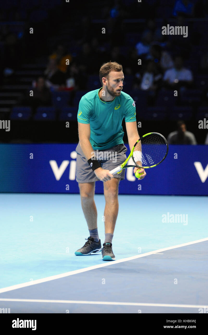 Ryan Harrison (USA) serving during the doubles competition in the Nitto ...
