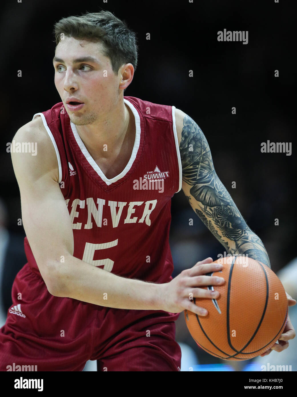 Boulder. 14th Nov, 2017. Denver's Jake Pemberton looks to make a pass ...
