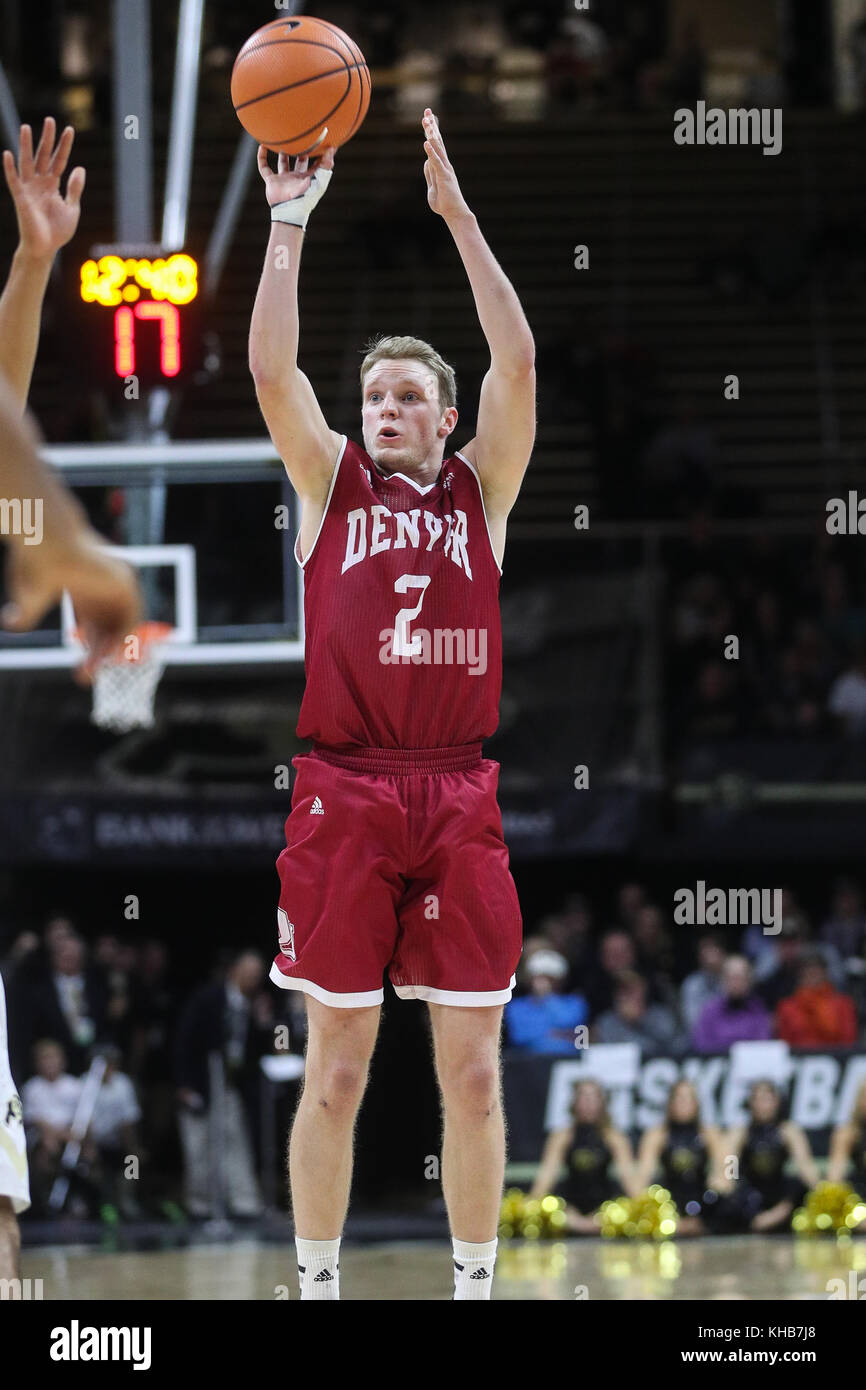 Boulder. 14th Nov, 2017. Denver's Joe Rosga cputs up a shot against ...