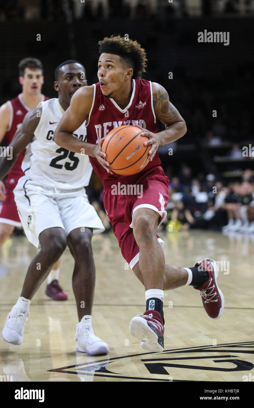 Boulder. 14th Nov, 2017. Denver's Elvin Rodriguez drives the lane ...