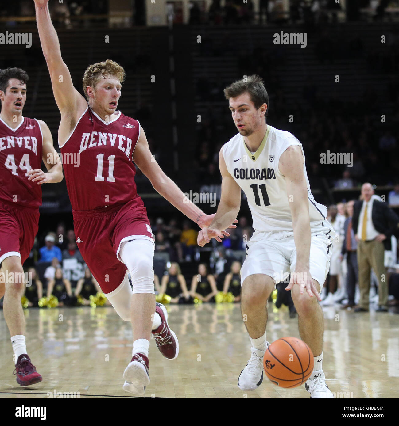 Boulder. 14th Nov, 2017. Denver's Jake Krafka guards Colorado's Lazar ...