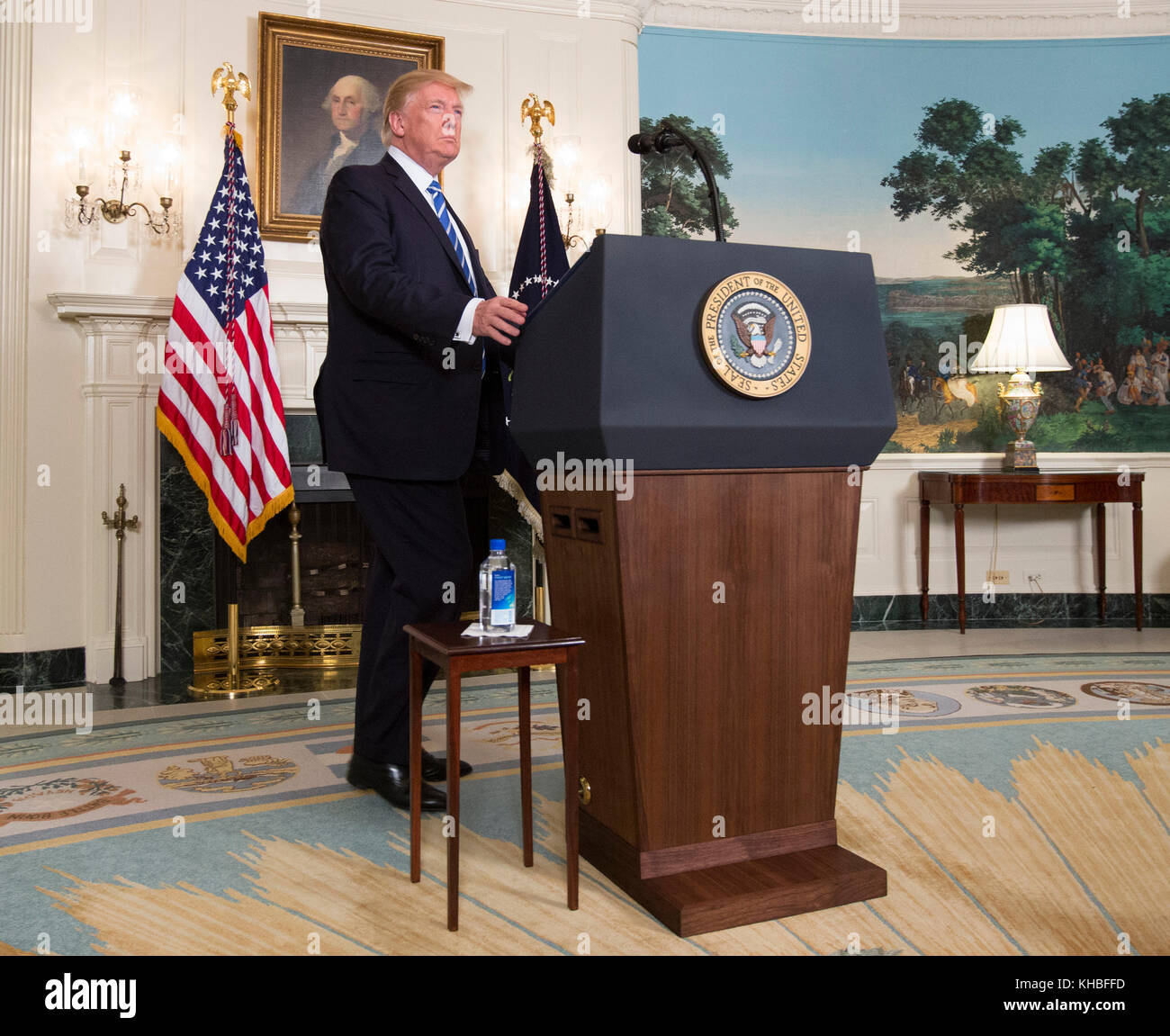 United States President Donald J. Trump arrives to make a statement at ...