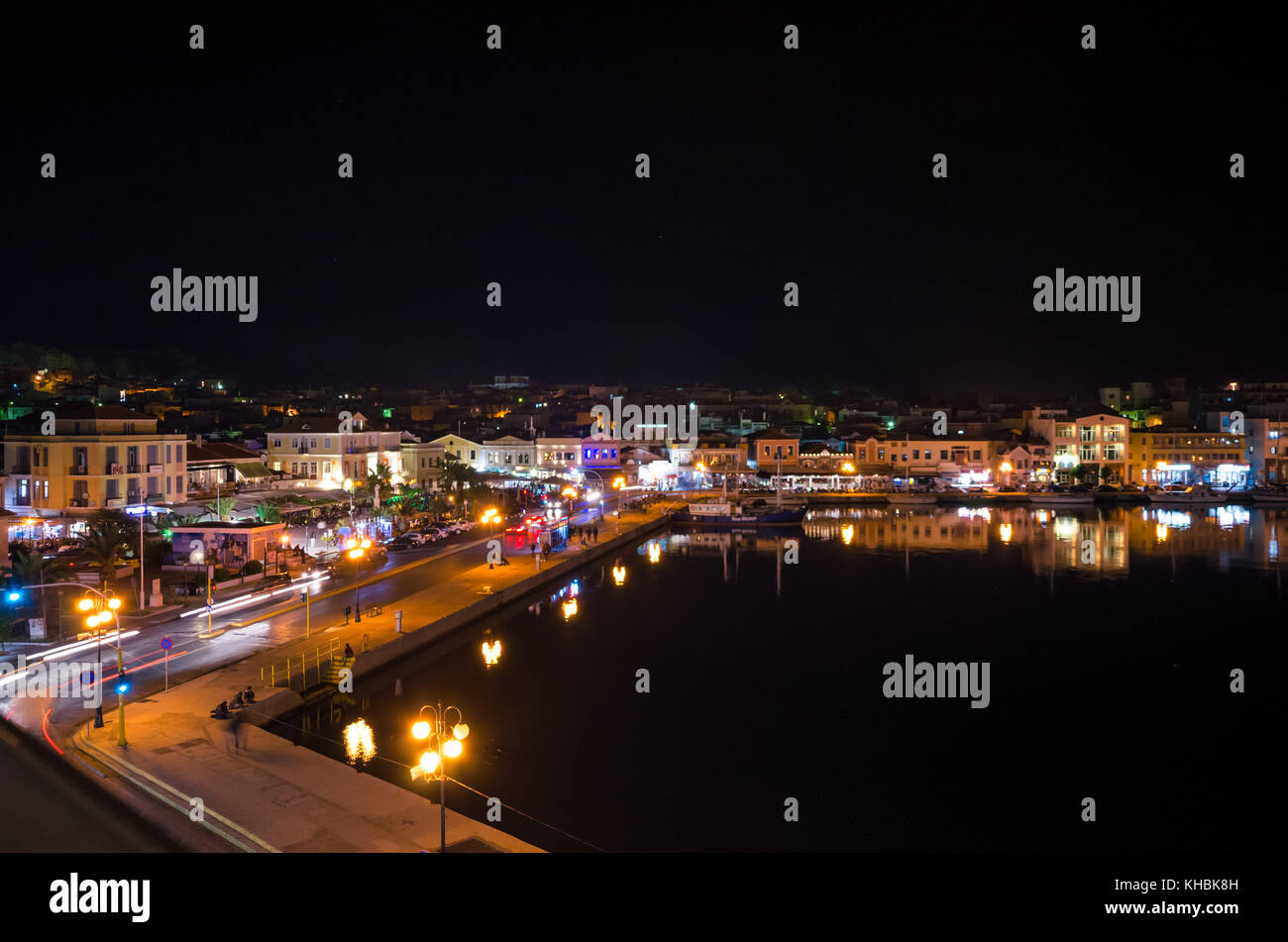 Amazing view of the port and the city of Mytilene at night.Mytilene is ...
