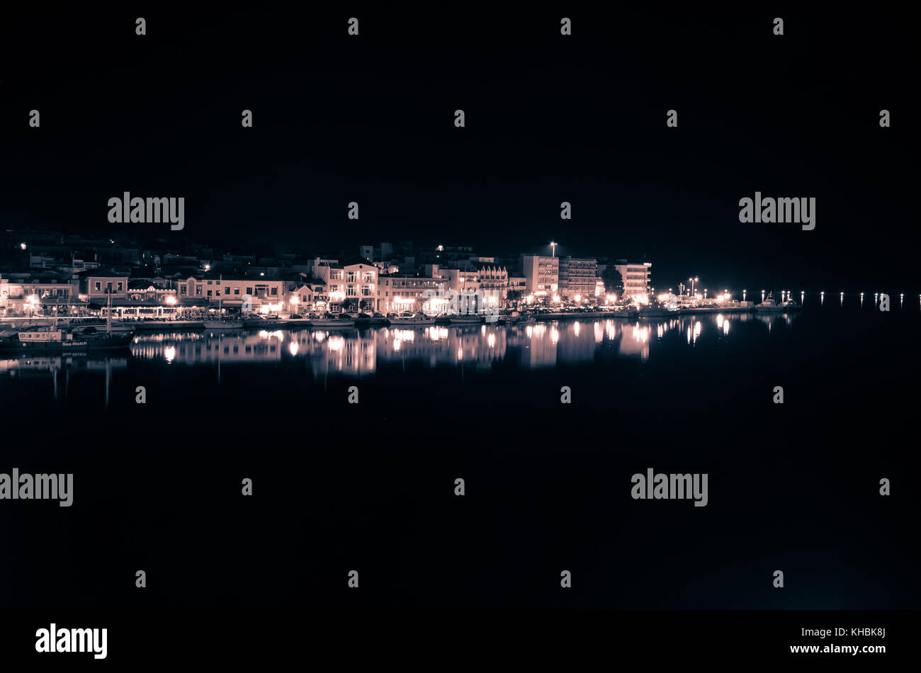 Amazing view of the port and the city of Mytilene at night.Mytilene is ...
