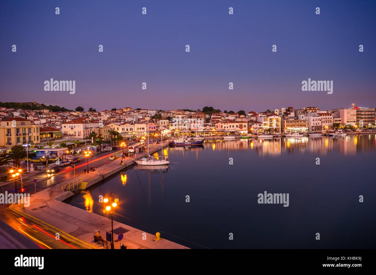 Amazing view of the port and the city of Mytilene at night.Mytilene is ...