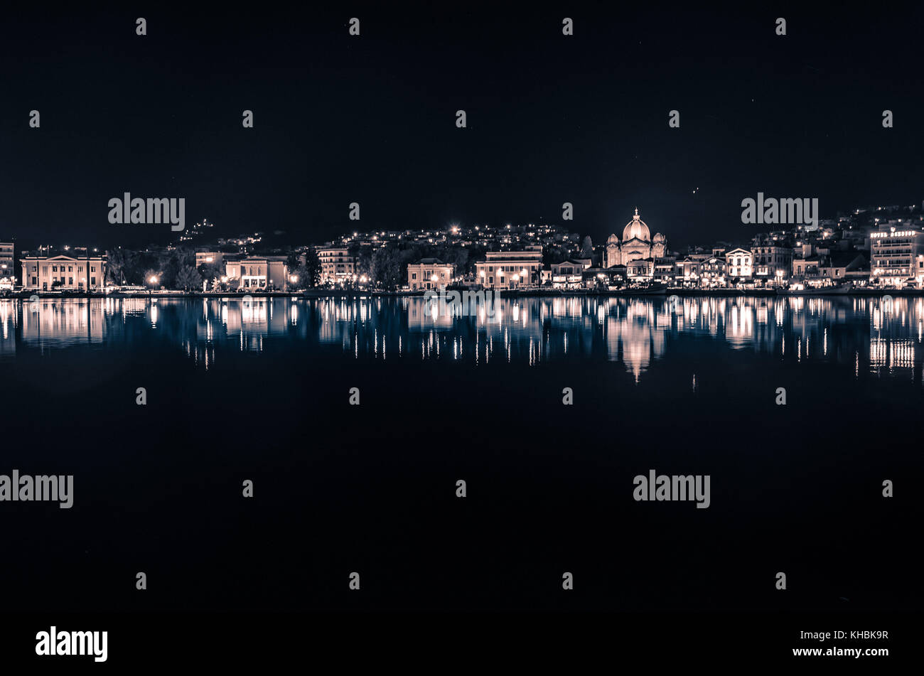 Amazing view of the port and the city of Mytilene at night.Mytilene is ...