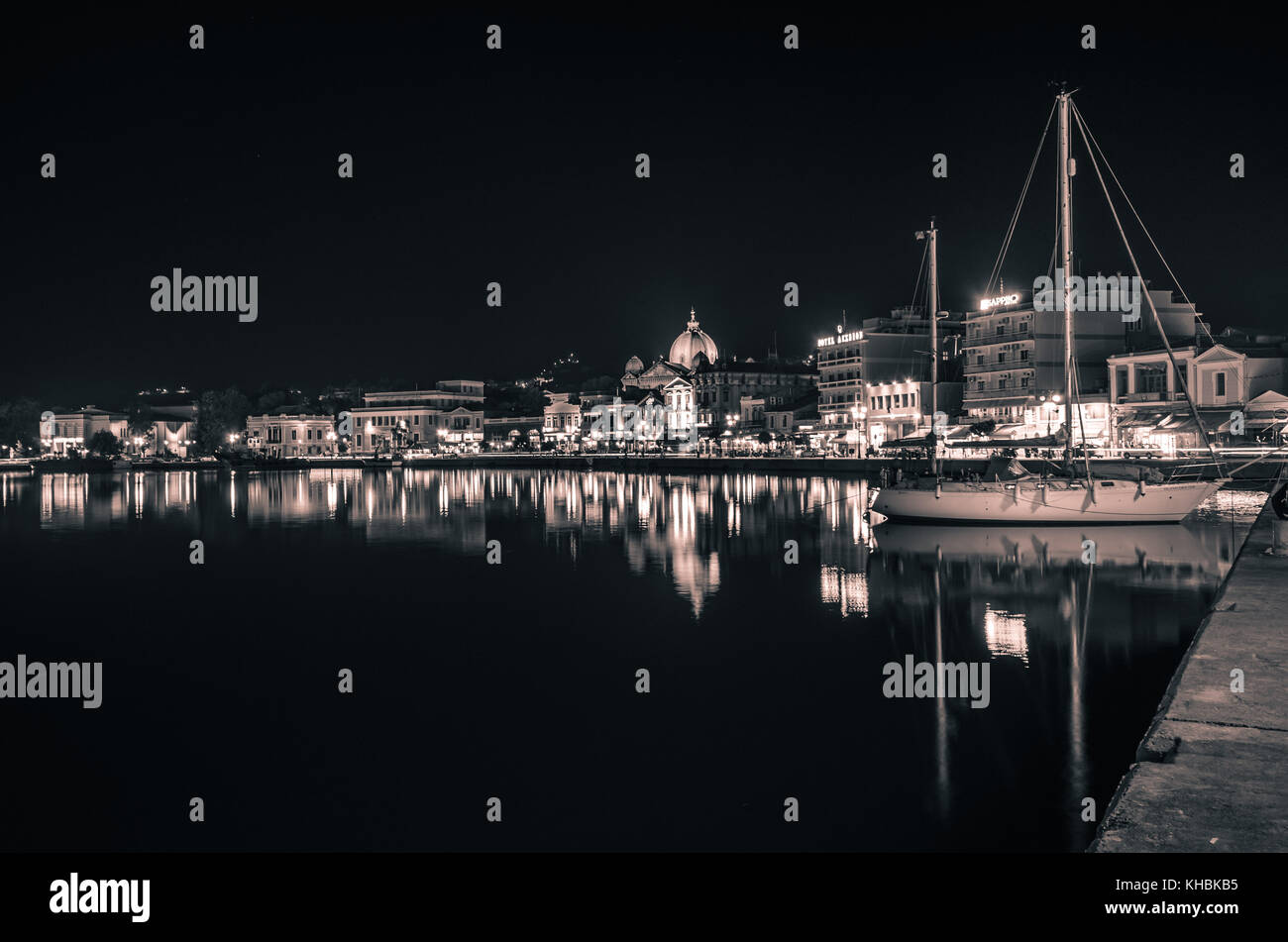 Amazing view of the port and the city of Mytilene at night.Mytilene is ...