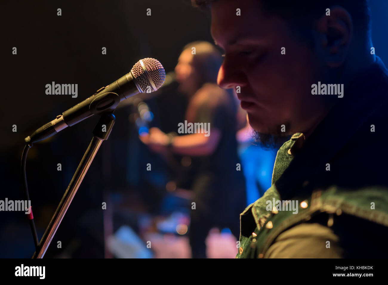 Bearded singer in front of a microphone at a concert in dim lighting ...