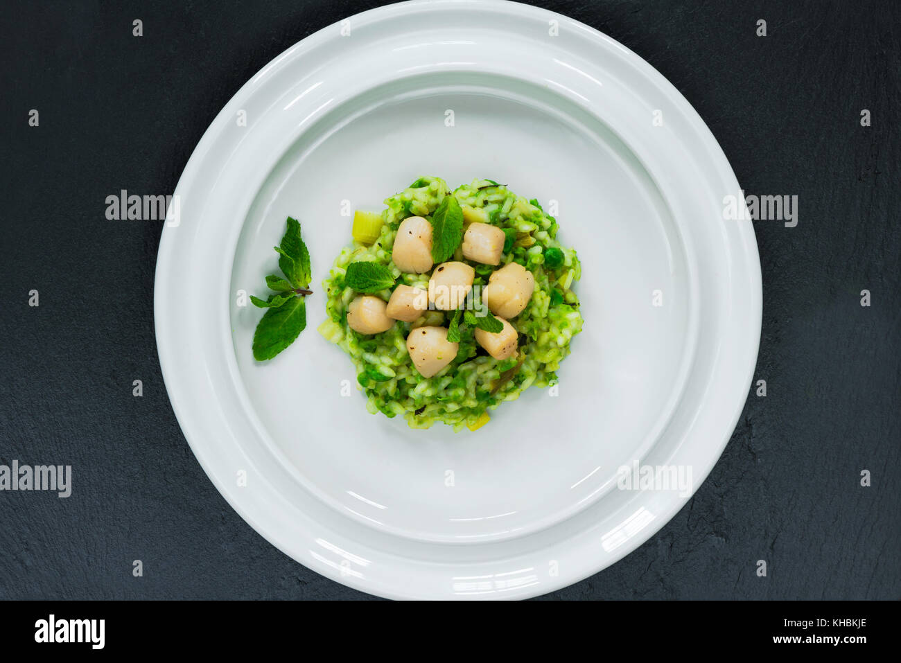 Scallops on minted pea risotto garnished with fresh mint - top view ...