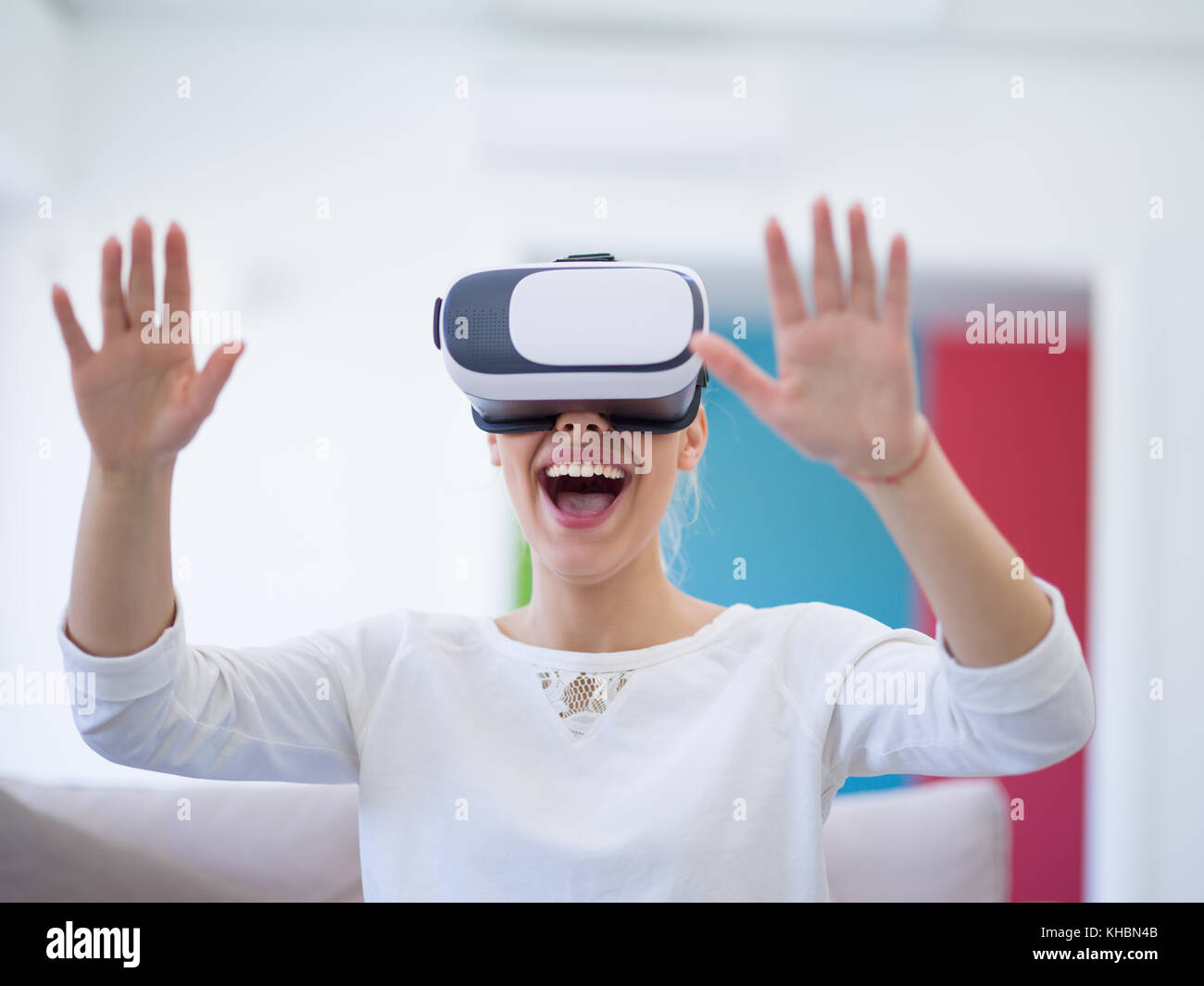 Smile happy woman getting experience using VR-headset glasses of ...
