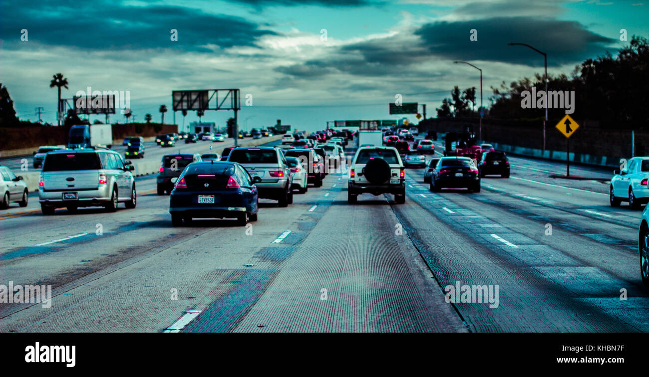 Lots of traffic on the freeway in rush hour. Highway with many lanes in ...
