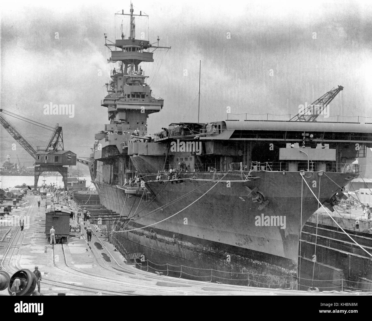 The U.S. Navy aircraft carrier USS Yorktown (CV-5) in Dry Dock No. 1 at ...