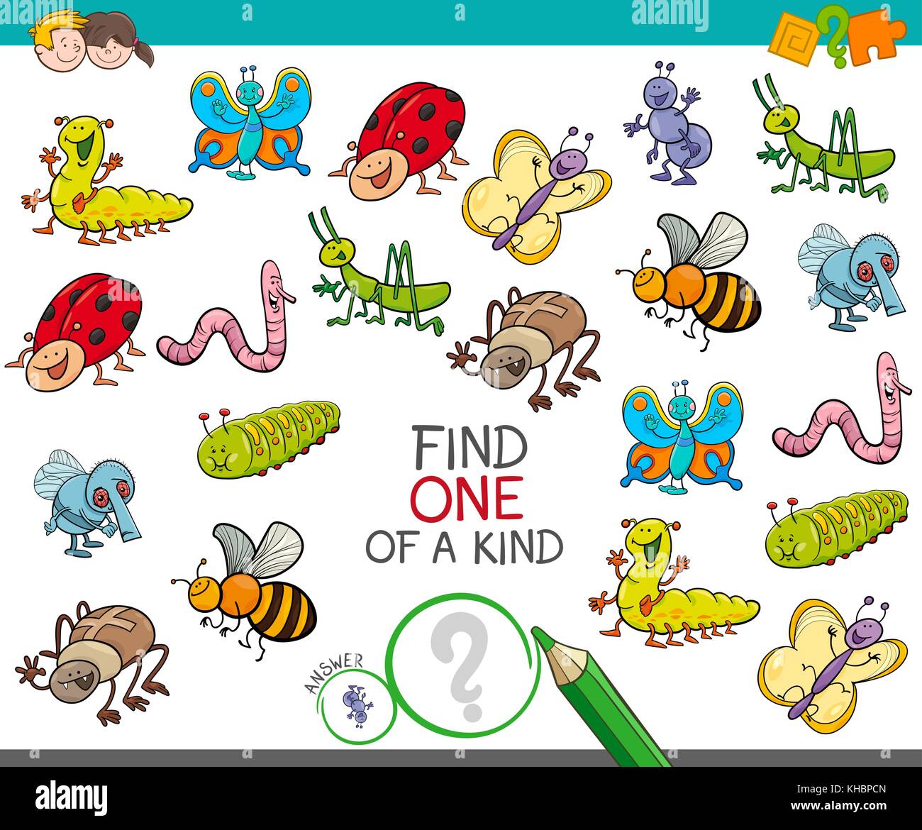 Cartoon Illustration of Find One of a Kind Educational Activity Game ...