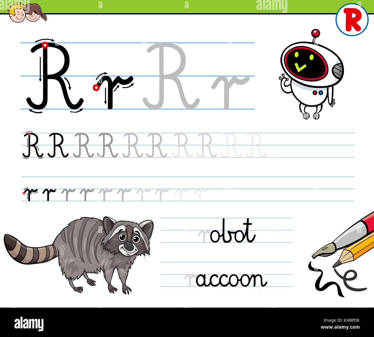 Cartoon Illustration of Writing Skills Practice with Letter R Worksheet ...