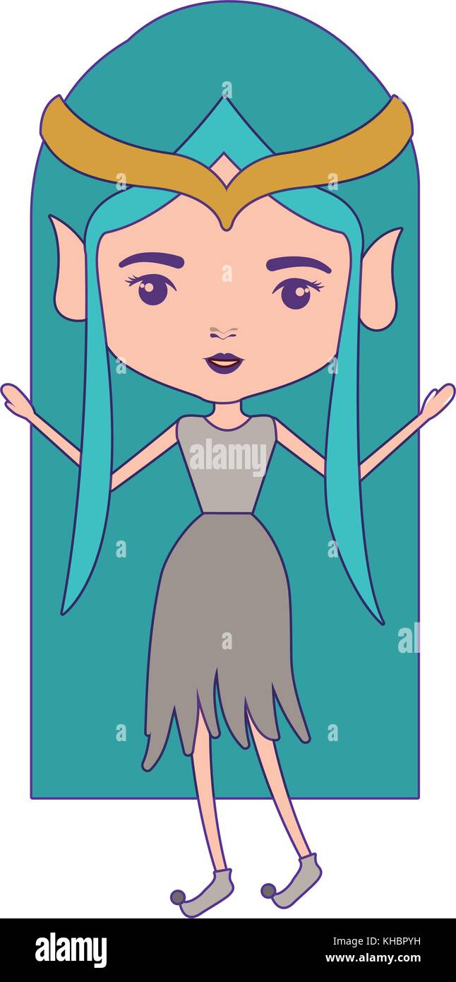 elf princess with blue long hair and dress with purple contour Stock ...
