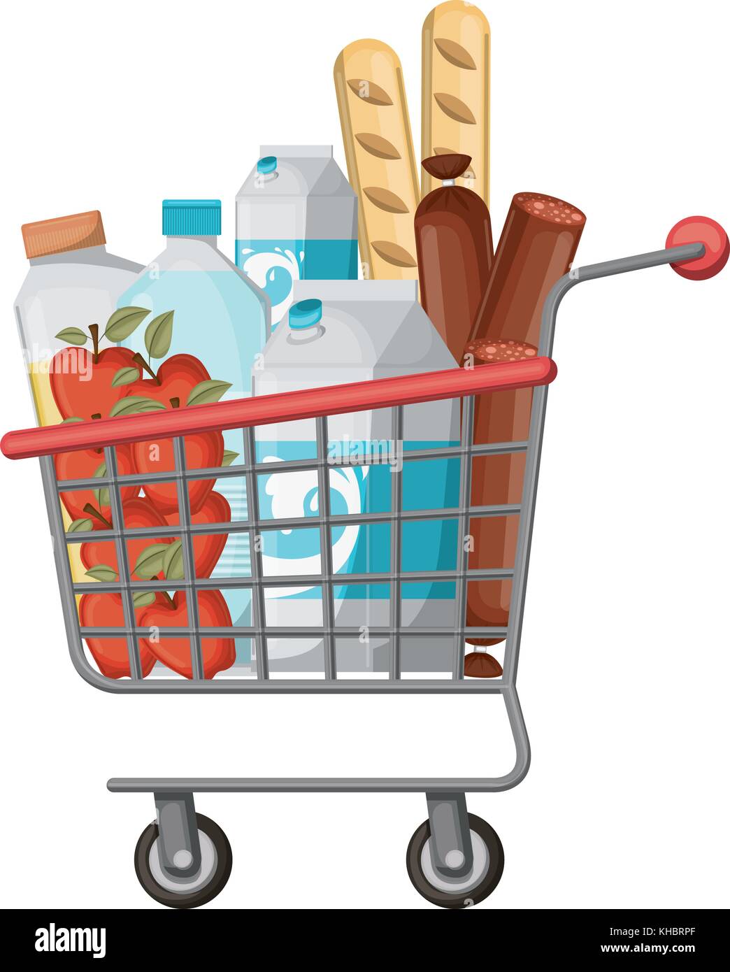 supermarket shopping cart with foods sausage and bread apples and ...