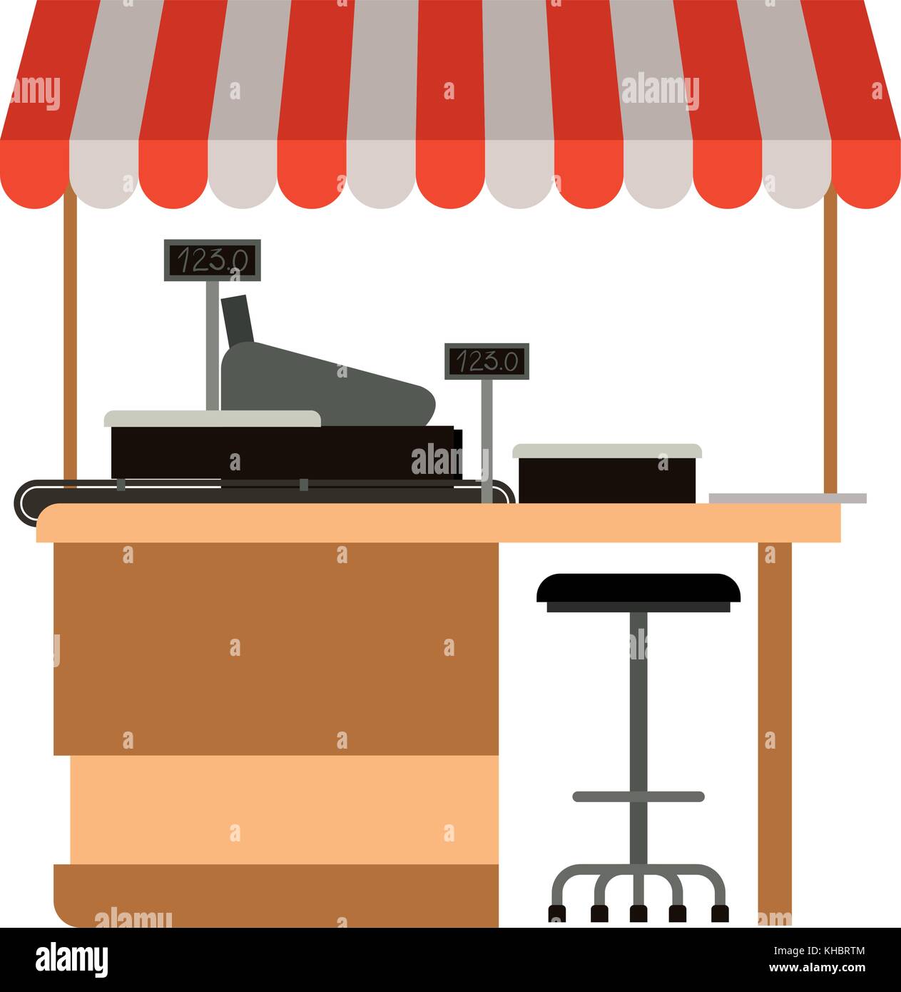 supermarket shelf with weighing machine and cash register point with ...